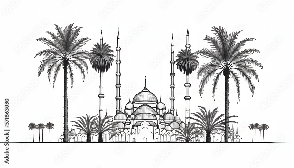 outline sketch a beautiful Mosque illustration with palm trees ...