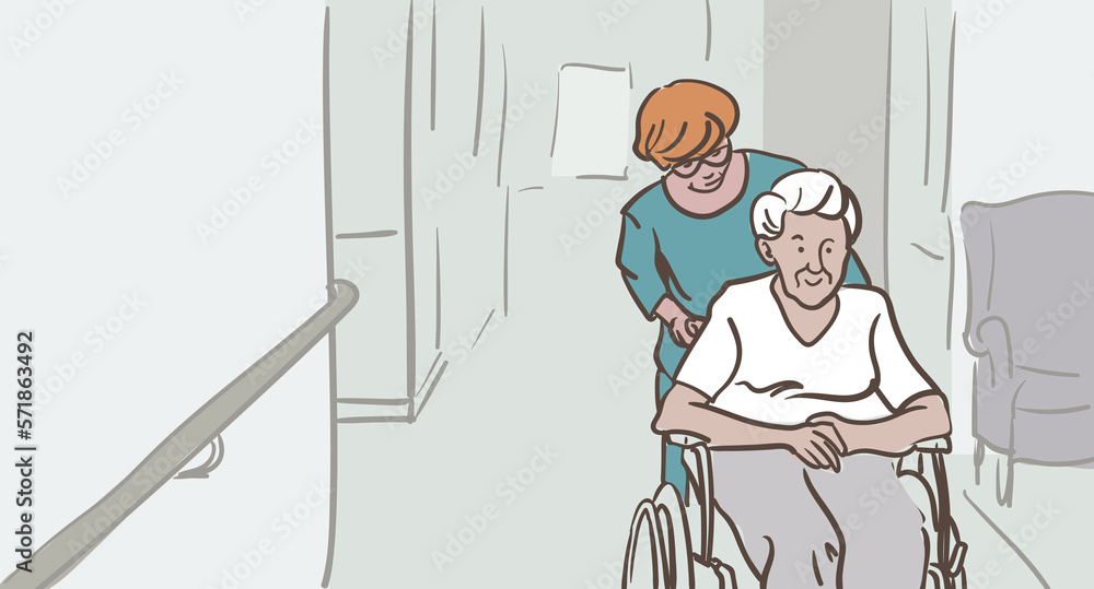 Femme âgée dans un fauteuil roulant dans un EHPAD poussée par une ...