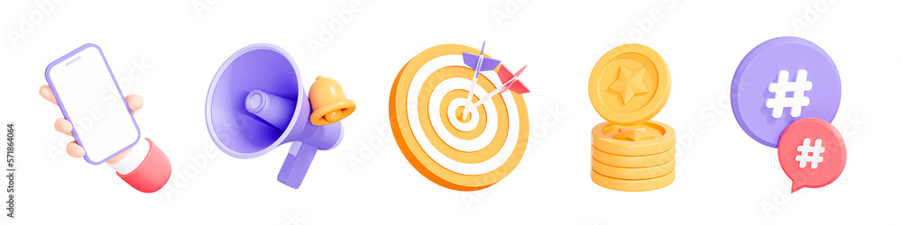 3D Business target set emoji icon. Hand holding phone, megaphone with ...