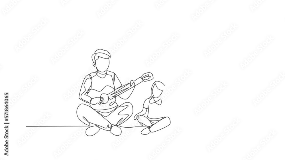 Animated self drawing of one continuous line draw young cheerful father ...