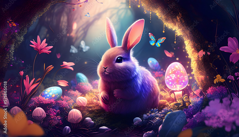 Cute and fluffy bunny in the middle of a magical garden with Easter egg ...