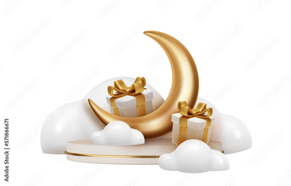 Composition with a crescent moon and gift boxes for the decoration of ...