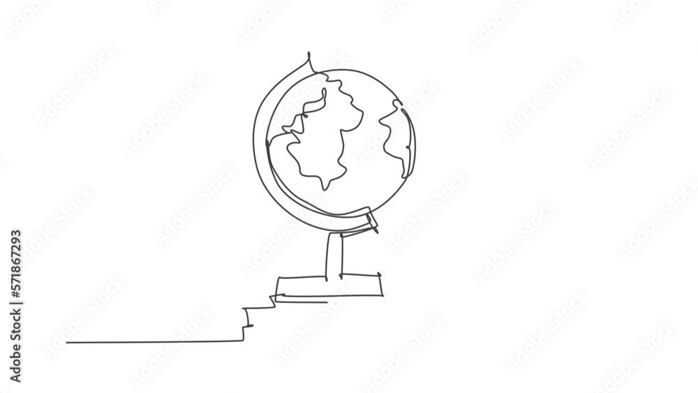 Self drawing animation of single line draw world globe. Round map above ...