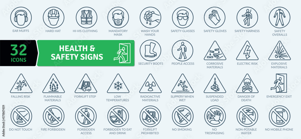 Health And Safety Signs icons Pack. Collection of thin line signal icon ...