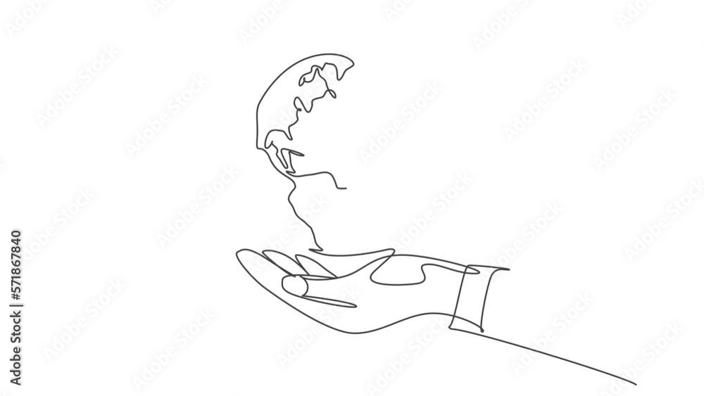 Self drawing animation of single line draw hands hold round earth ...