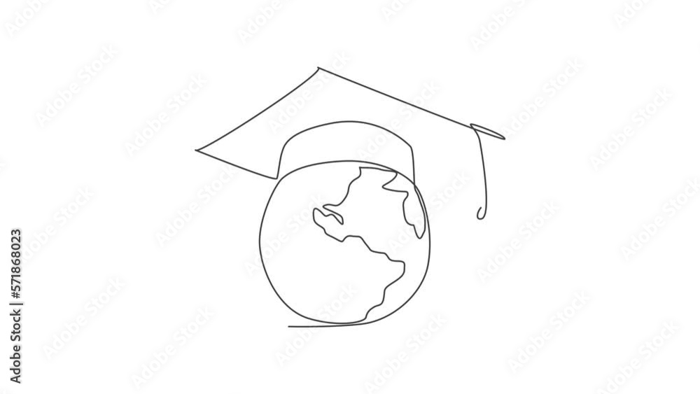 Globe with graduation hat. Animation of one line drawing of design on ...