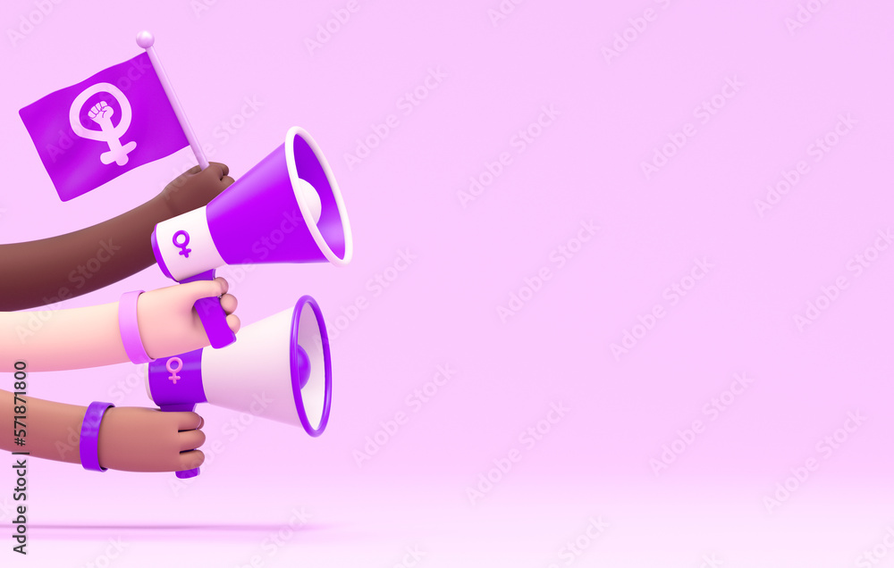 Womens Day flyer with multi ethnic activist women hands, flag ...