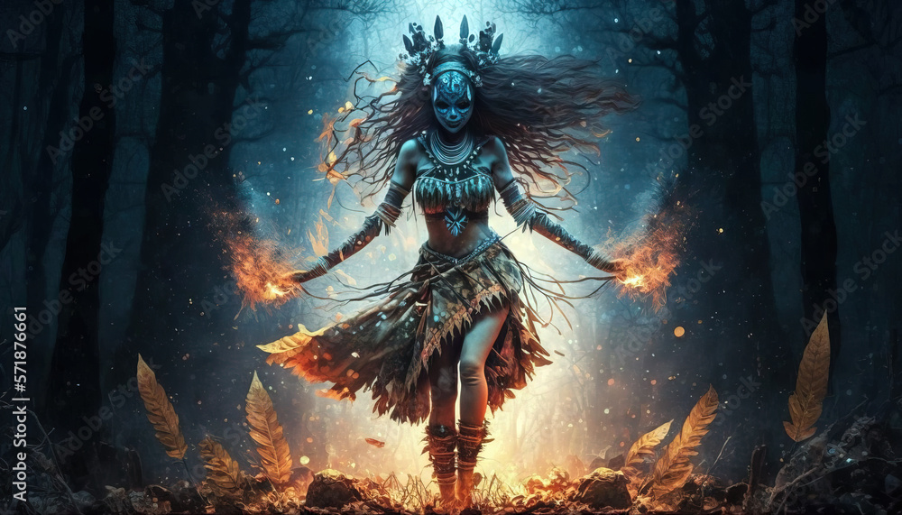 Shaman woman / witch evoking spirits in a mysterious night forest. Post ...