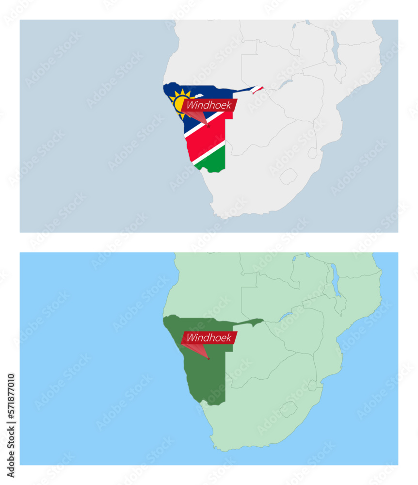 Namibia map with pin of country capital. Two types of Namibia map with ...