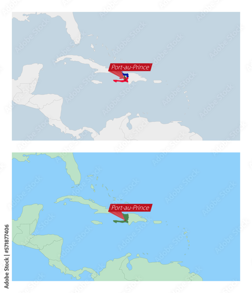 Haiti map with pin of country capital. Two types of Haiti map with ...