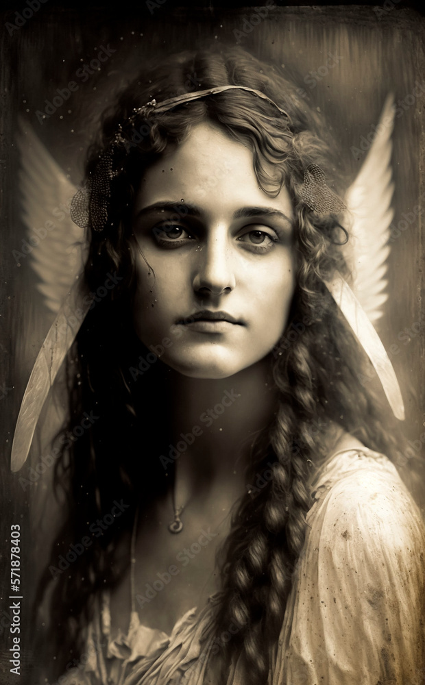 Woman wearing Valkyrie headdress poses in vintage style photograph ...