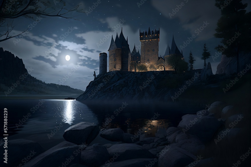 night landscape with castle by the lake and moon made with generative ...