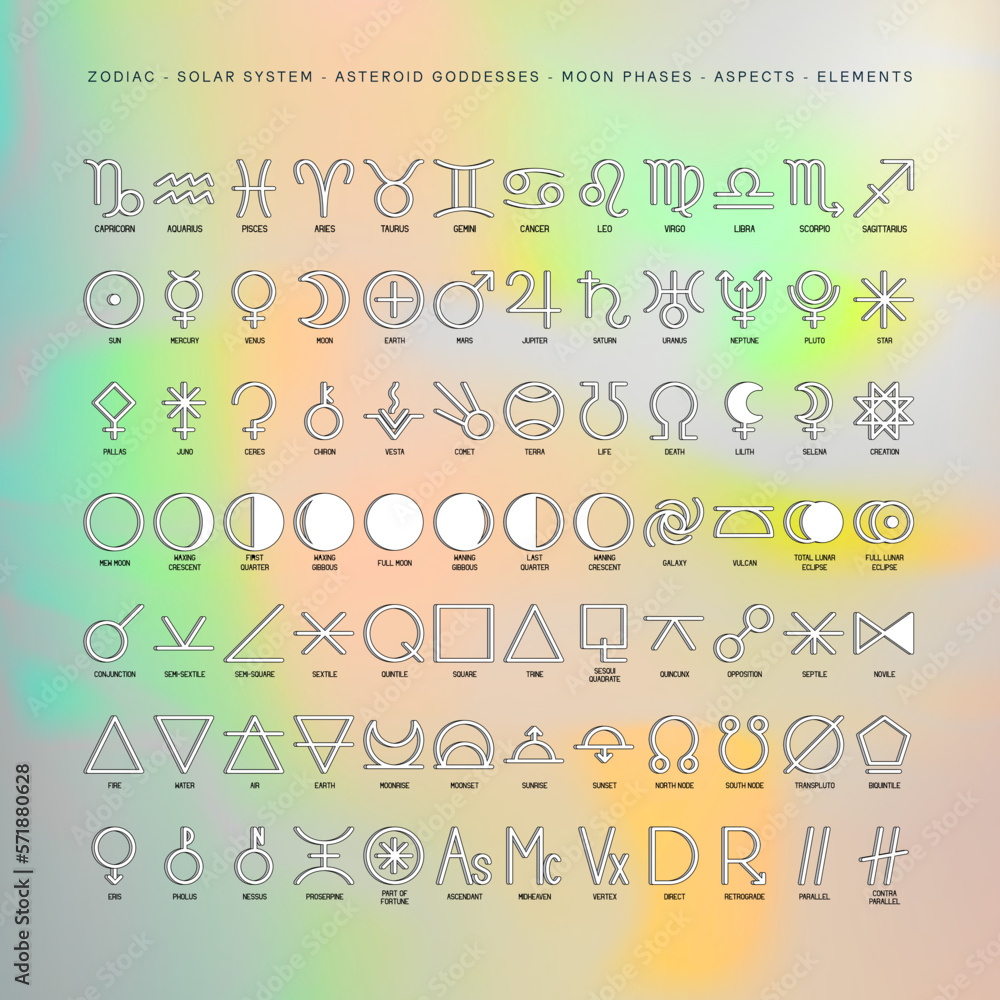 Zodiac, astrology elements, solar system, moon phases horoscope thin ...