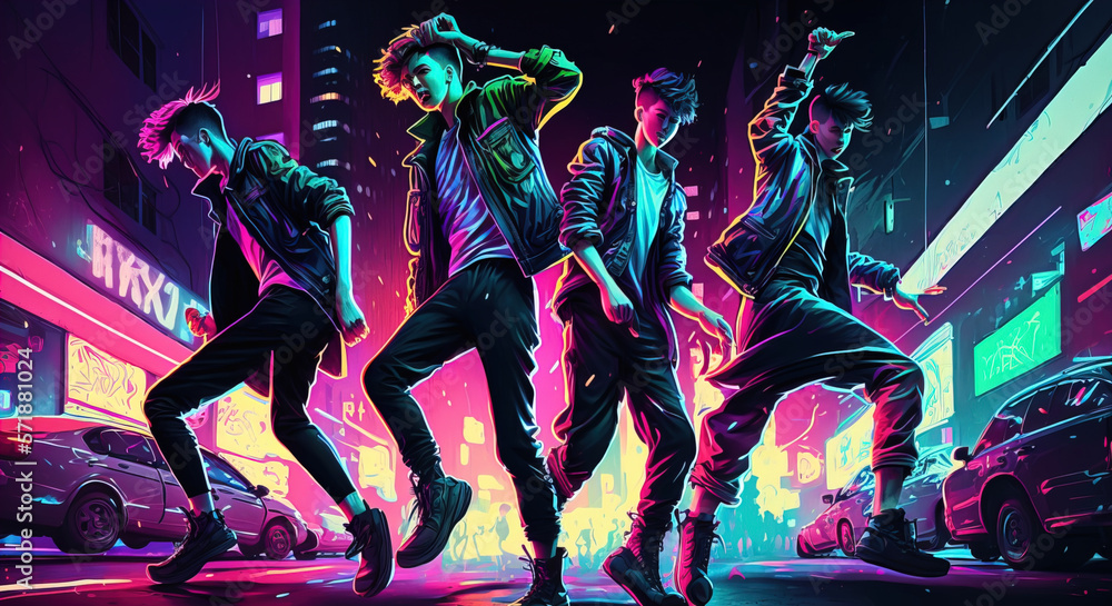 Four young k-pop dancers with neon lights dancing at the street on the ...