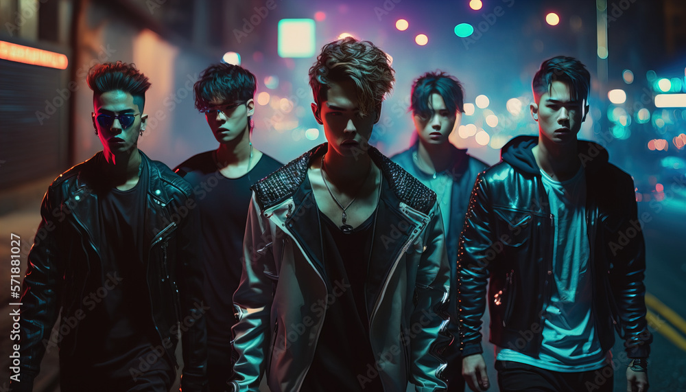 Four young k-pop dancers with neon lights at the street on the night ...