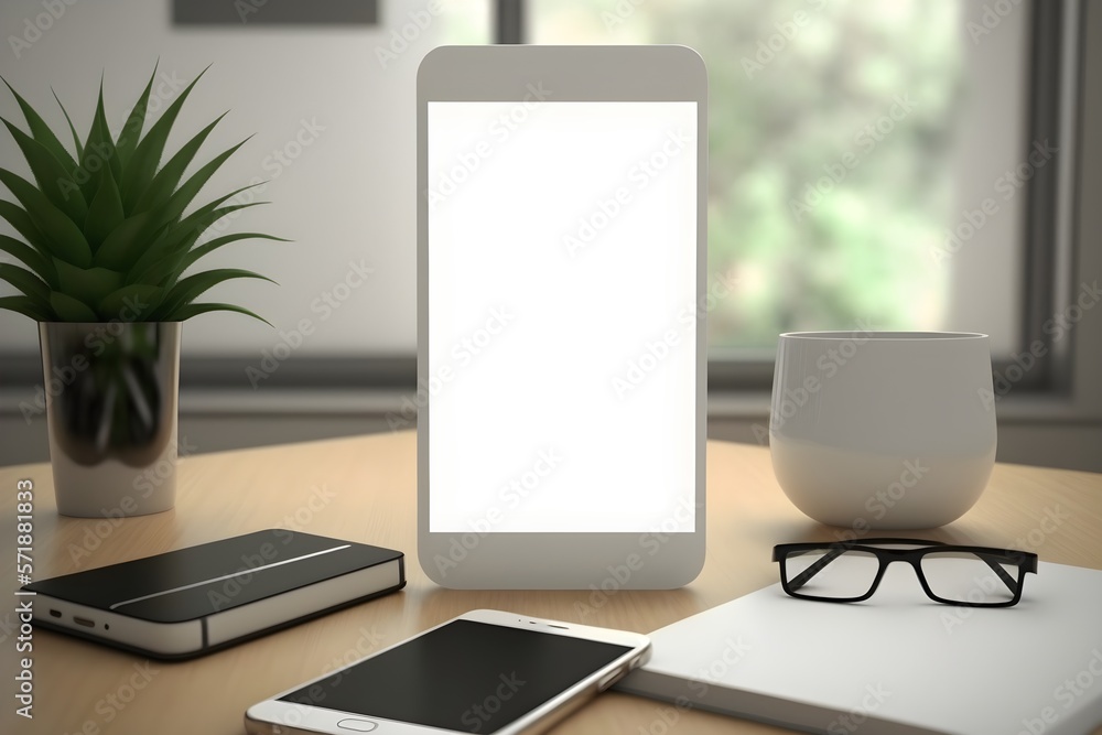 Blank white mobile screen mockup at study table, table desk mobile ...