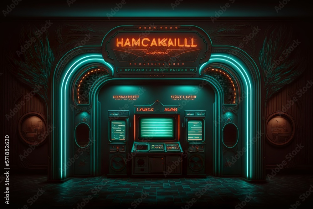 Dark sci-fi cyberpunk computer room with terminal screen device and ...