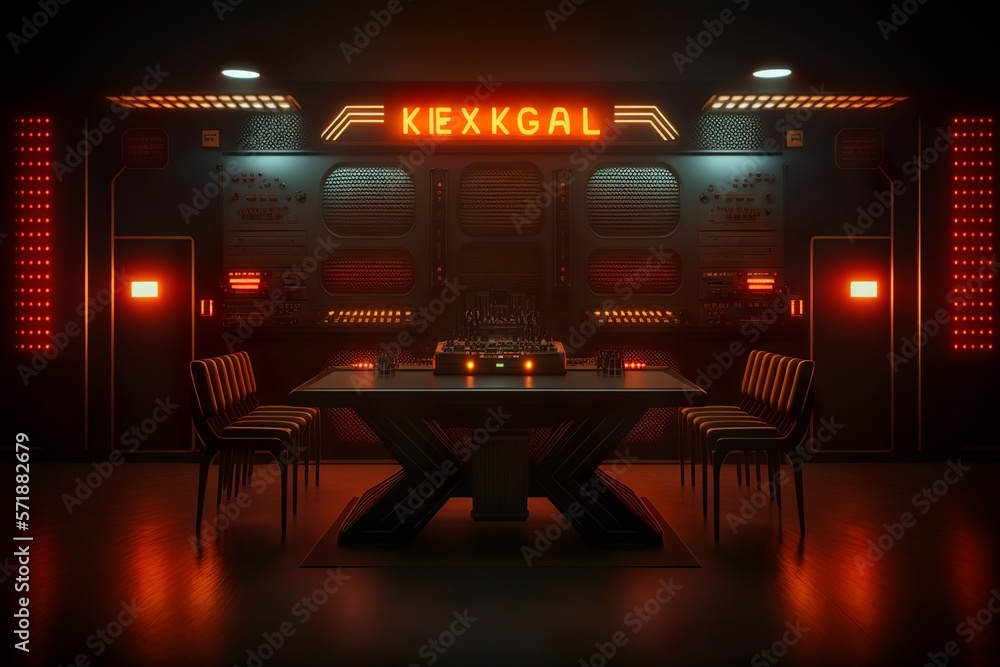 Dark sci-fi cyberpunk computer room with terminal screen device and ...