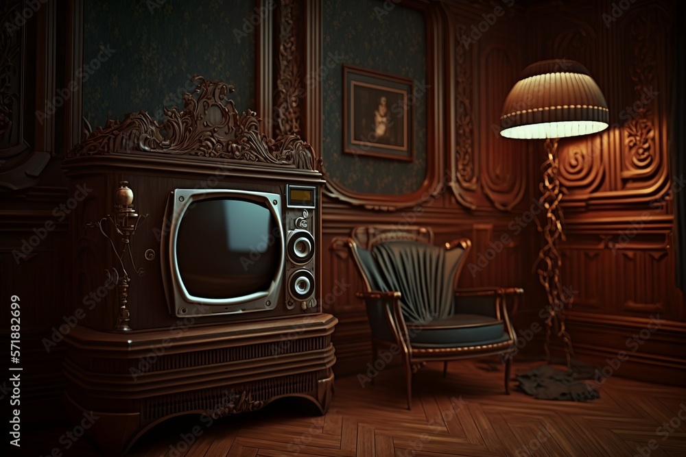 Dark sci-fi cyberpunk computer room with terminal screen device and ...