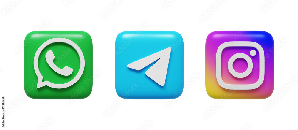 Social media icons logos 3d render. Instagram, Telegram, Whatspp ...