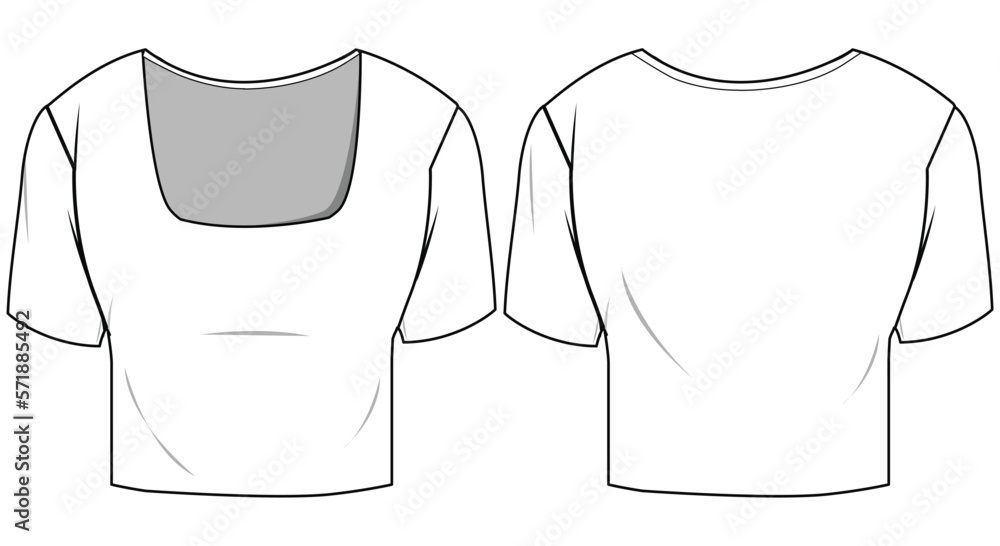 Scoop Neck Crop Top, Square Neck Crop T-shirt Front and Back View ...