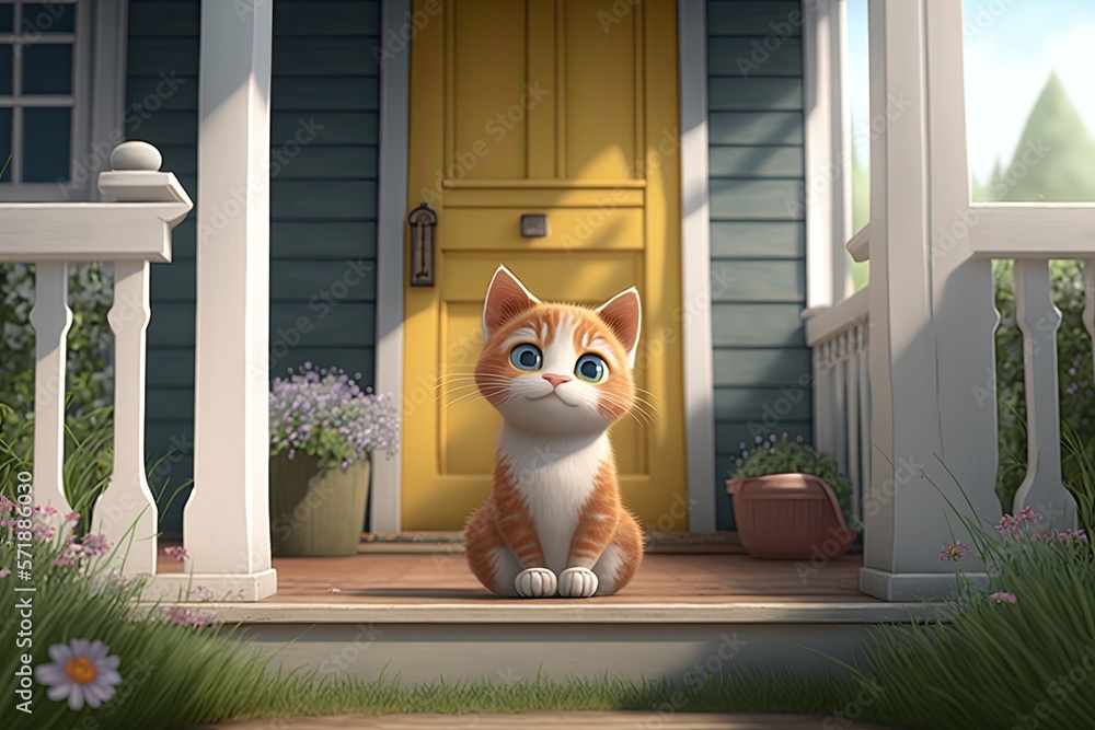 Cute Cartoon Cat Sitting on the Front Porch of a House (Created with ...