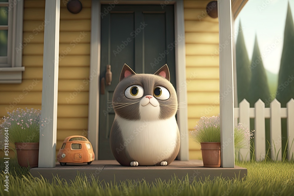 Cute Cartoon Cat Sitting on the Front Porch of a House (Created with ...