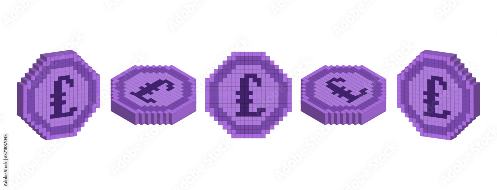 Vector set of 3d square coins made of pixels. Volumetric angular pound ...