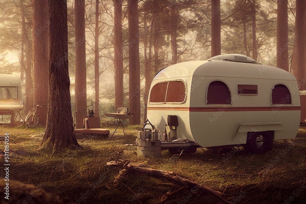 Old vintage air streamer camping caravan in the forest. Generative AI ...