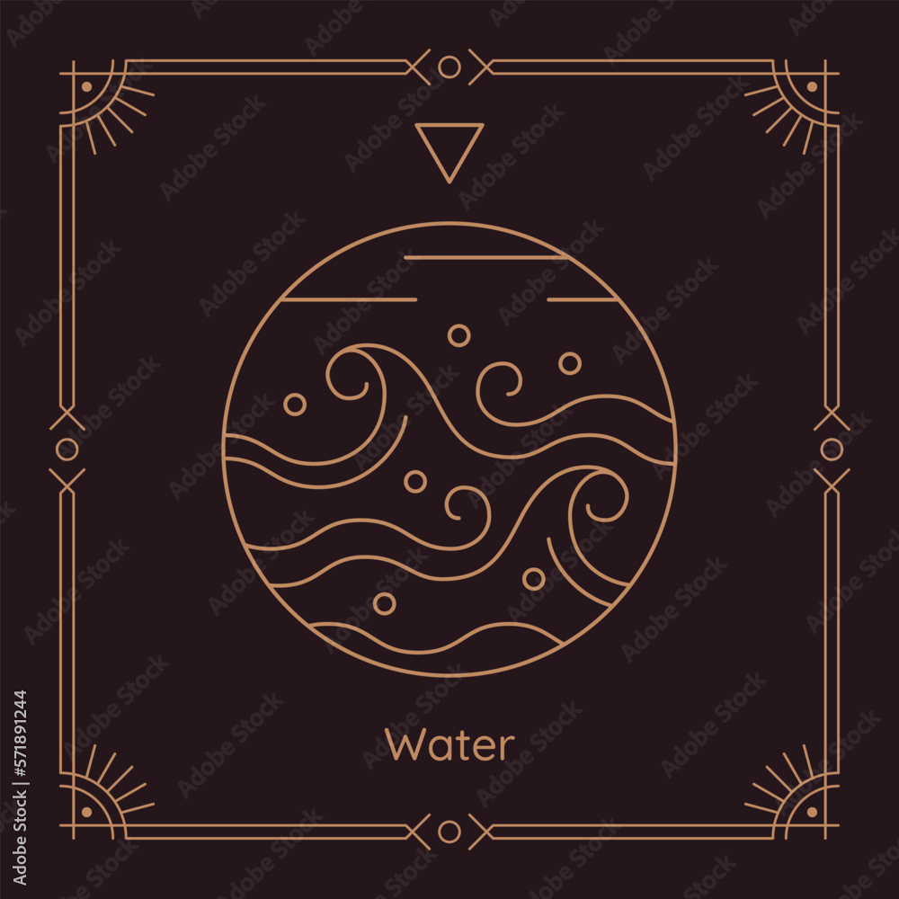 Water symbol of nature, one of four elements. Golden sacred magic sign ...