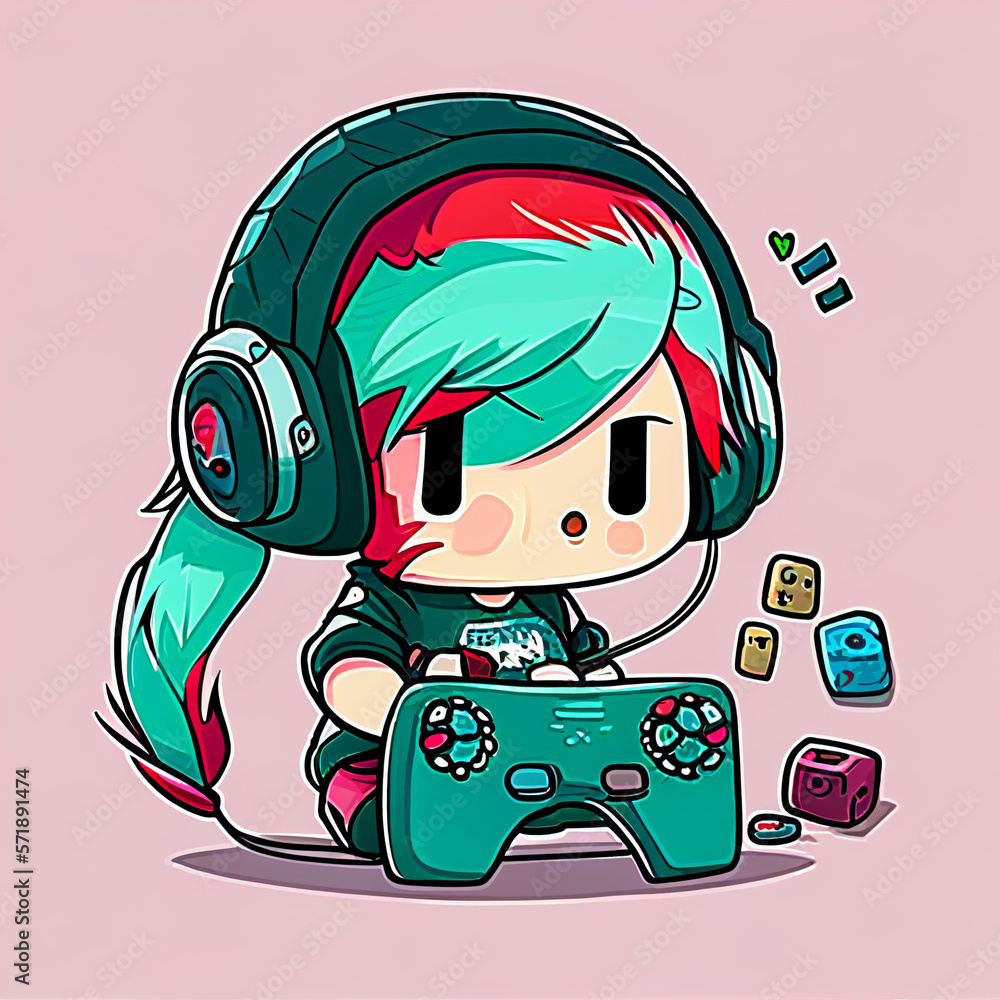 Chibi gamer girl cute kawaii gamer girl illustration icon graphic Stock ...