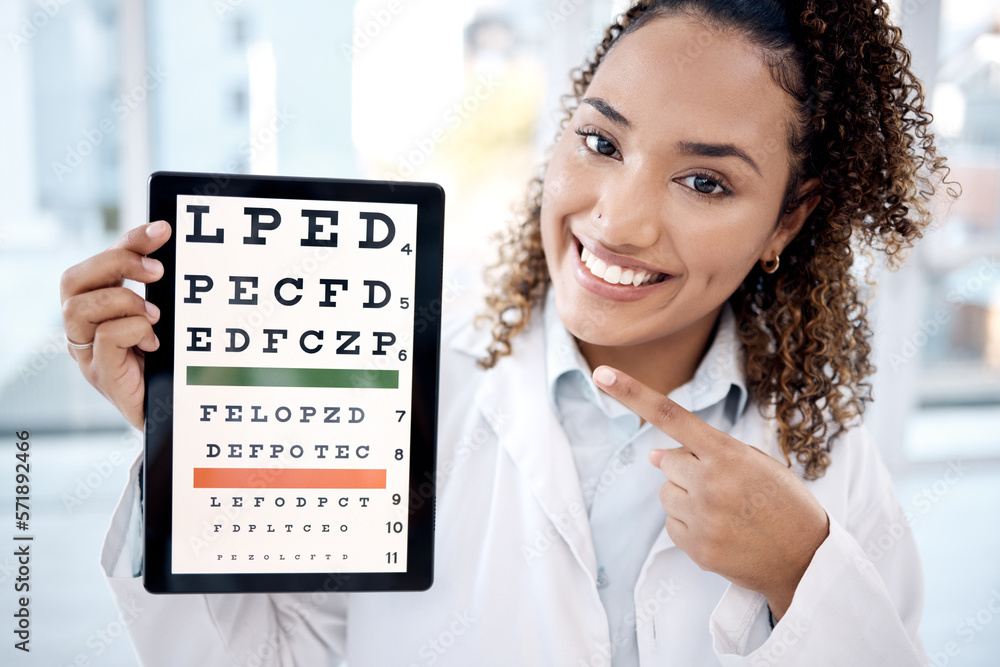 Foto de Optometry chart, tablet and portrait of doctor in hospital for ...