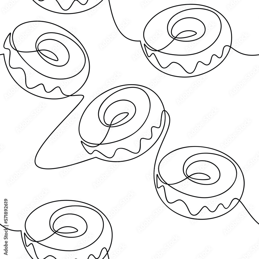 Outline doughnut icon seamless pattern. One line continuous drawing ...