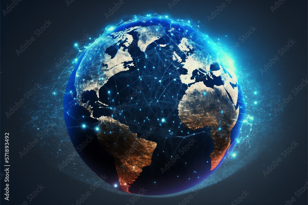 Earth Communications network map of the world. Dark blue background map ...