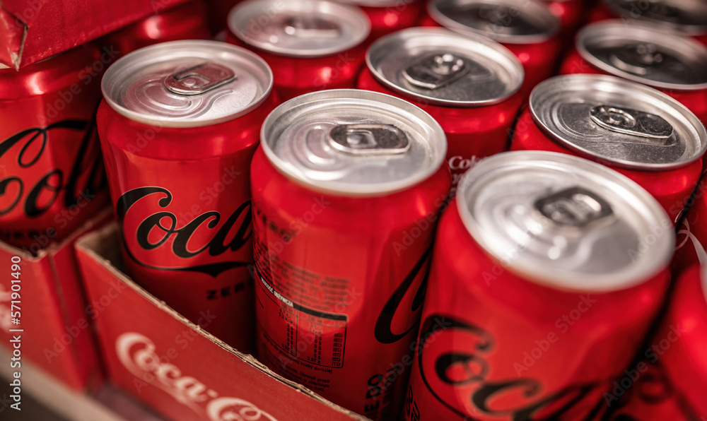 Coca Cola can bottles pack in supermarket closeup. Coke zeo fresh ...