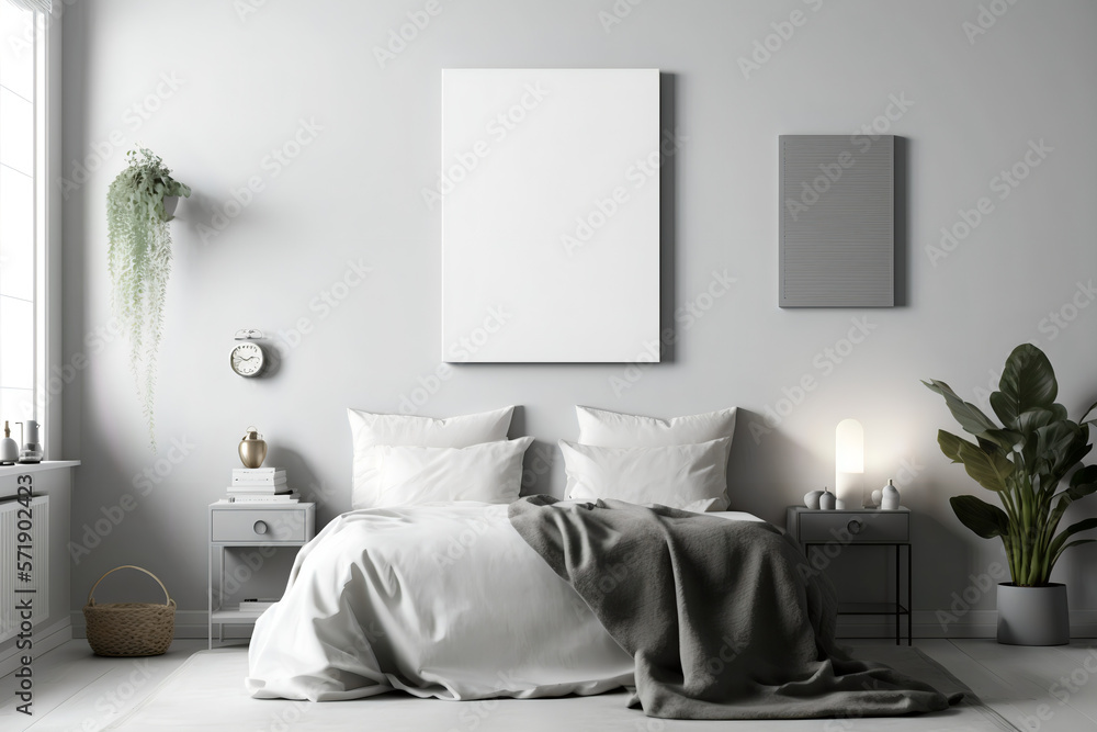 This wall art mockup features a light gray canvas in a modern and minimalist bedroom, with a ...