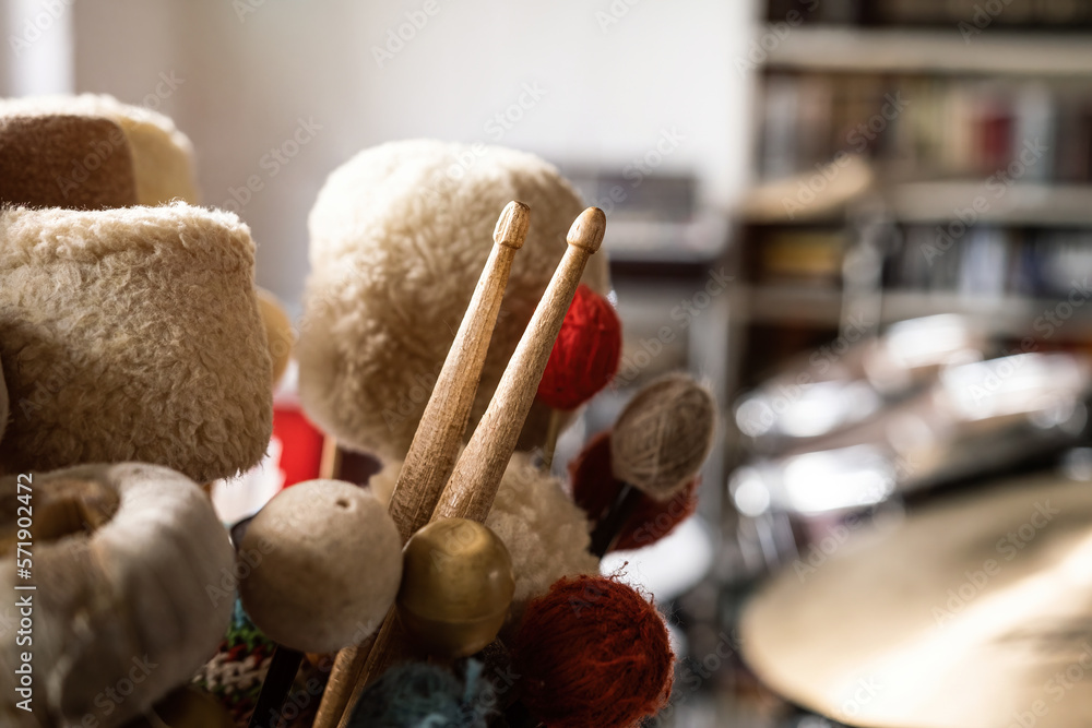 Different types of drumsticks for drum live music perfomance closeup ...