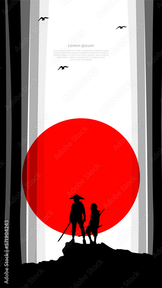 Grafika wektorowa Stock: Samurai with red moon wallpaper. Japanese ...