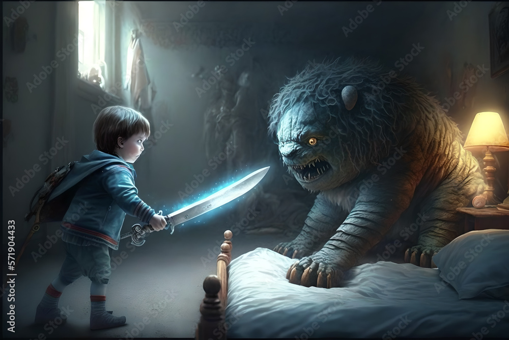 A brave young boy fights the monster under the bed in his room at night ...