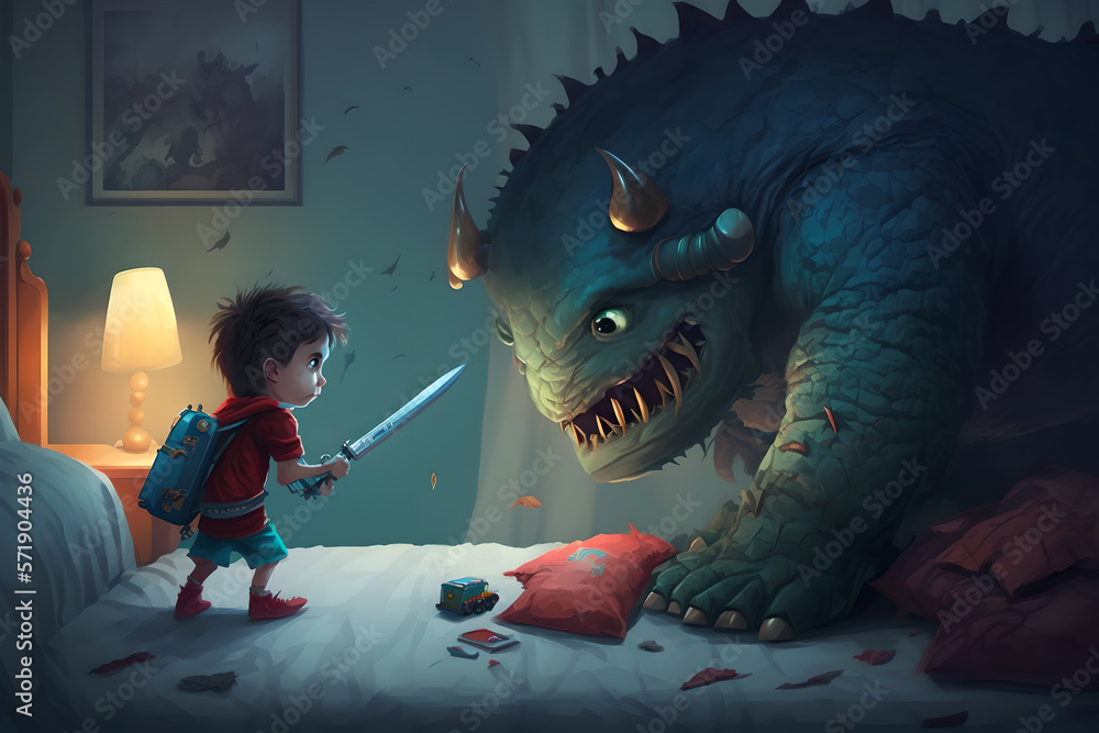 A brave young boy fights the monster under the bed in his room at night ...