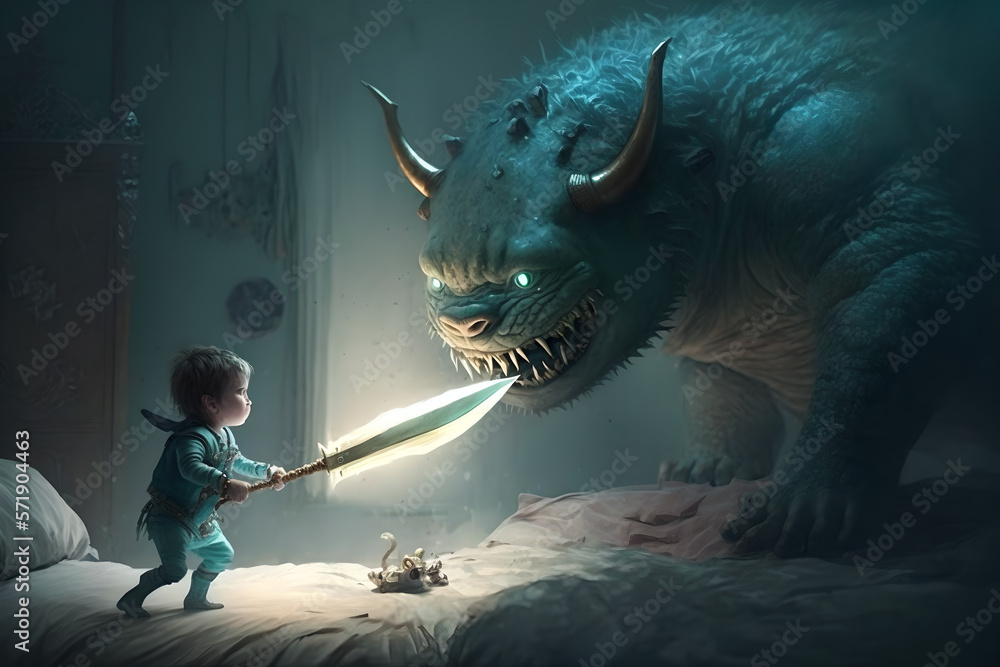 A brave young boy fights the monster under the bed in his room at night ...