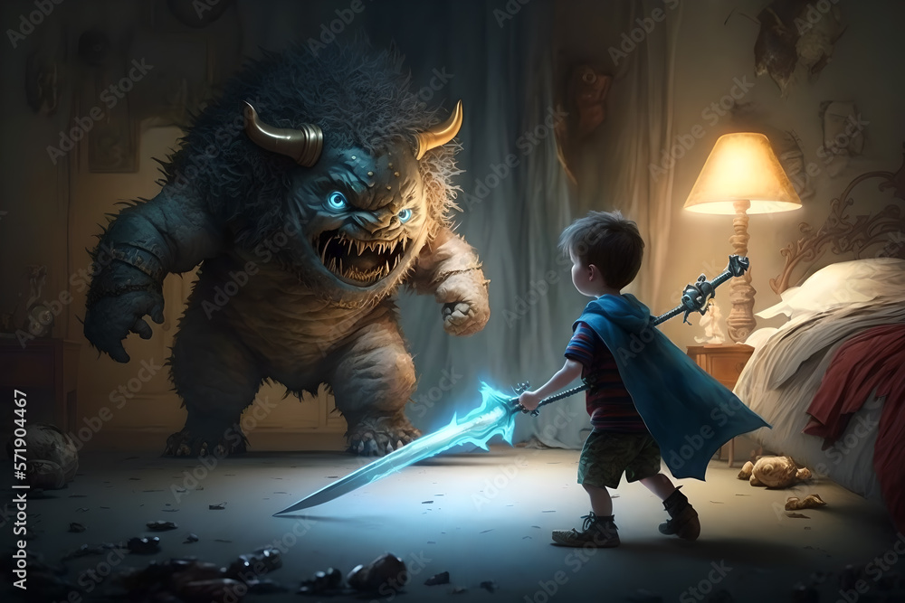 A brave young boy fights the monster under the bed in his room at night ...