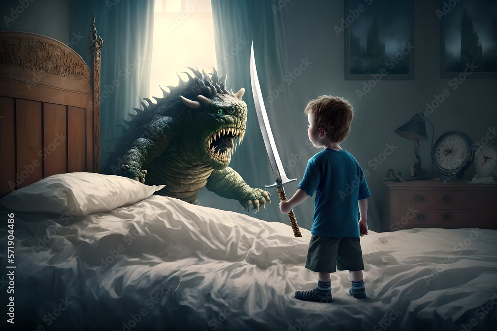 A brave young boy fights the monster under the bed in his room at night ...