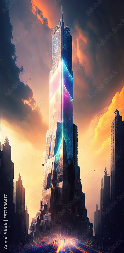 Giant futuristic cyberpunk tower, vivid colors, god rays. Generative AI ...