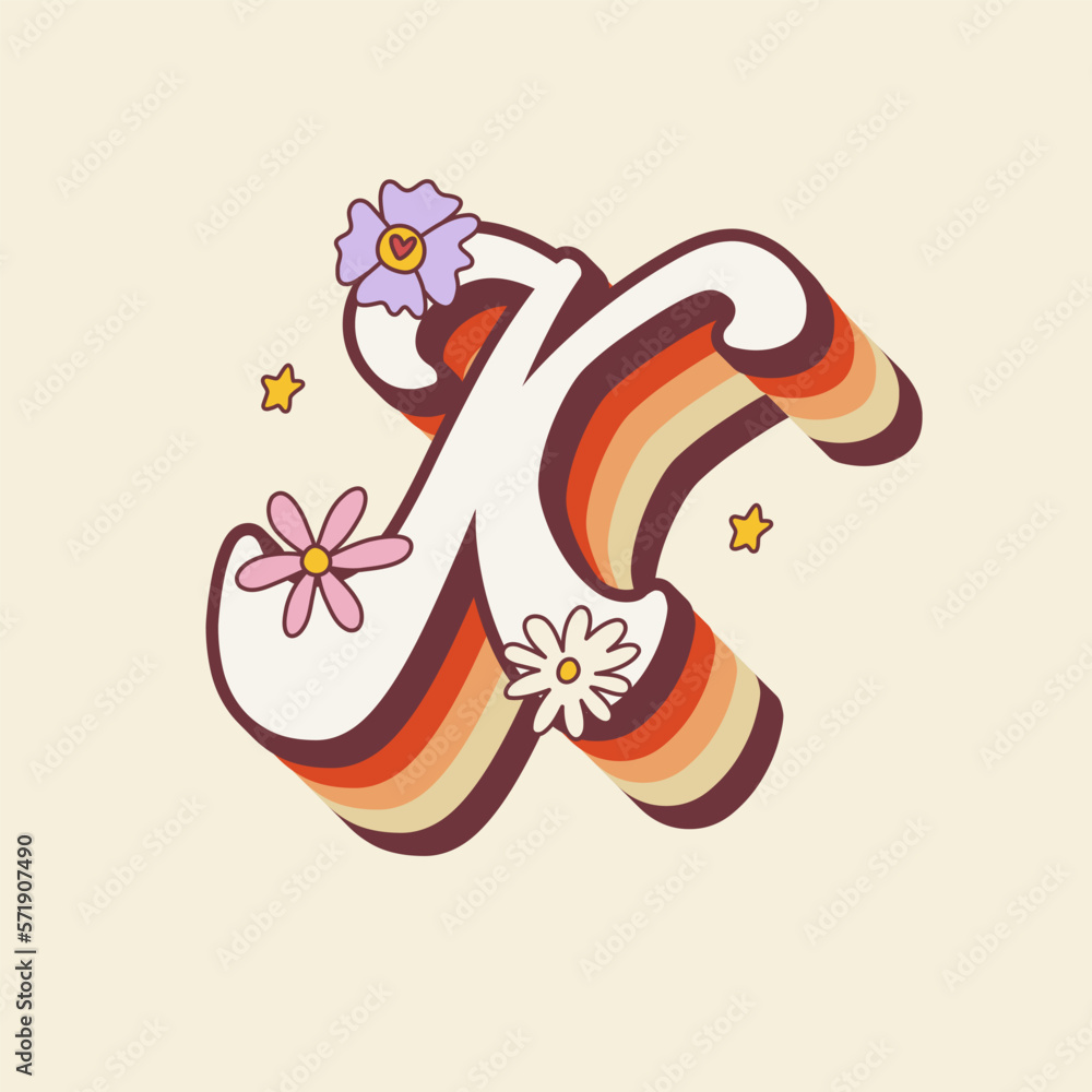 Groovy retro hippie stylized Initial Letter K with flowers. Seventies ...