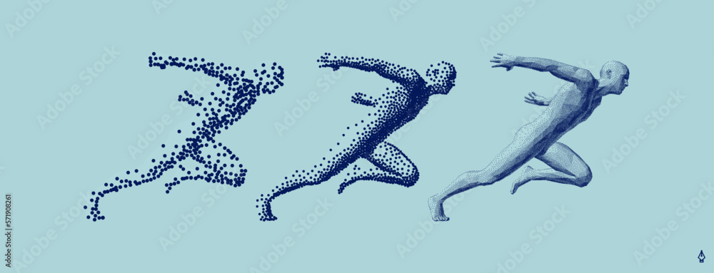 Running man or marathon runner in сoarse and fine style. 3D human body ...