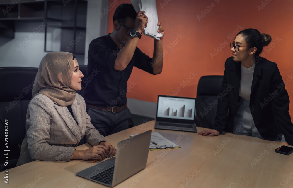 Business asian man and woman and muslim have stressed meeting. Office ...