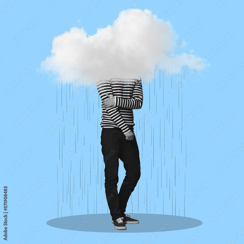 Man, cloud and rain for depression art, mental health or sad by blue ...