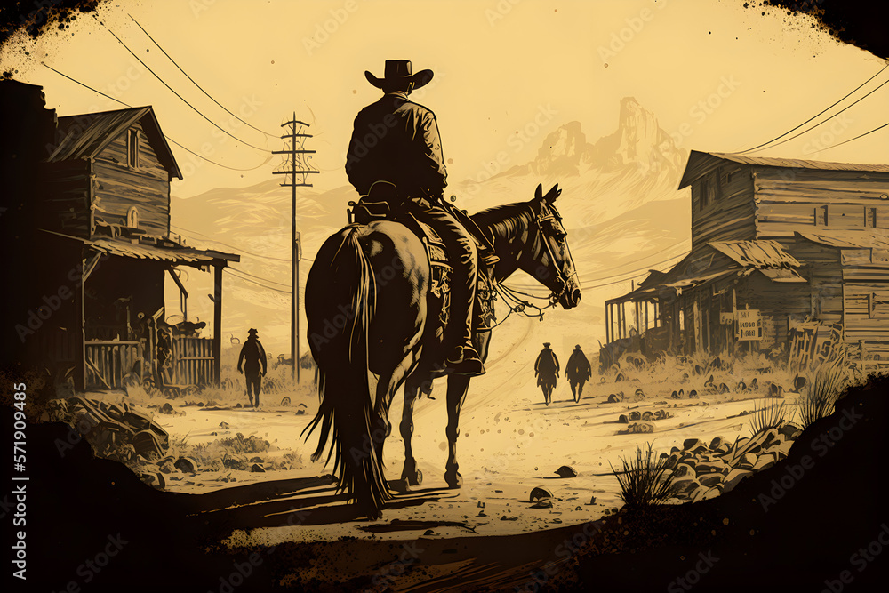Wild West poster. Cowboy riding into the sunset with his horse, wild ...