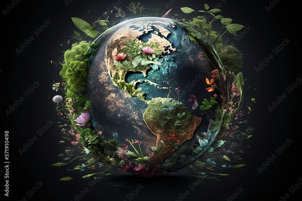 Green planet earth covered with flowers and trees, Earth Day theme ... Green planet earth covered with flowers and trees, Earth Day theme ...